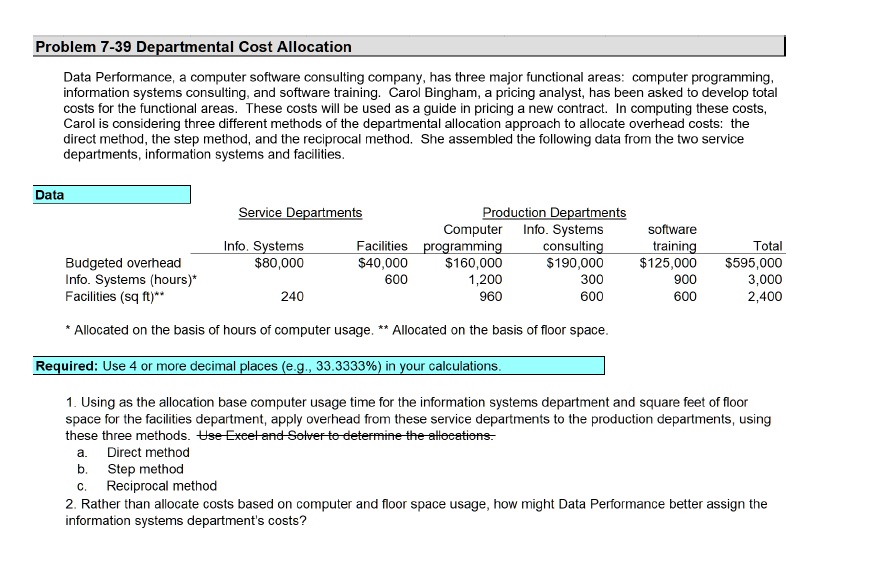 Problem 7-39 Departmental Cost Allocation Data Performance, a computer software consulting ...