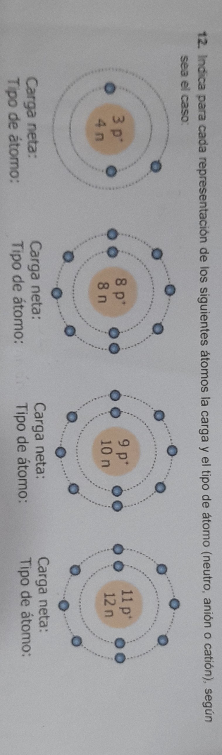 12 indica para cada representacion de los siguientes atomos la carga y ...