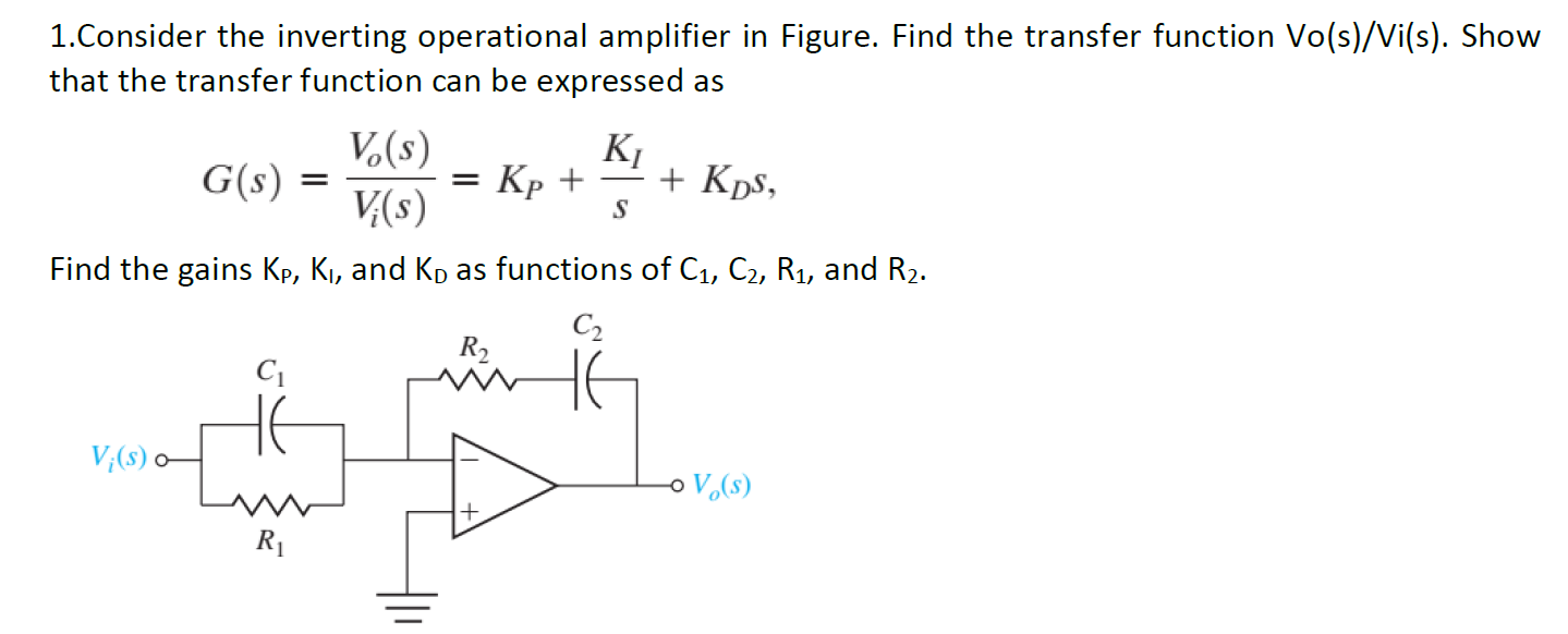 1.Consider the inverting operational amplifier in Figure. Find the transfer function Vo(s)/Vi(s ...