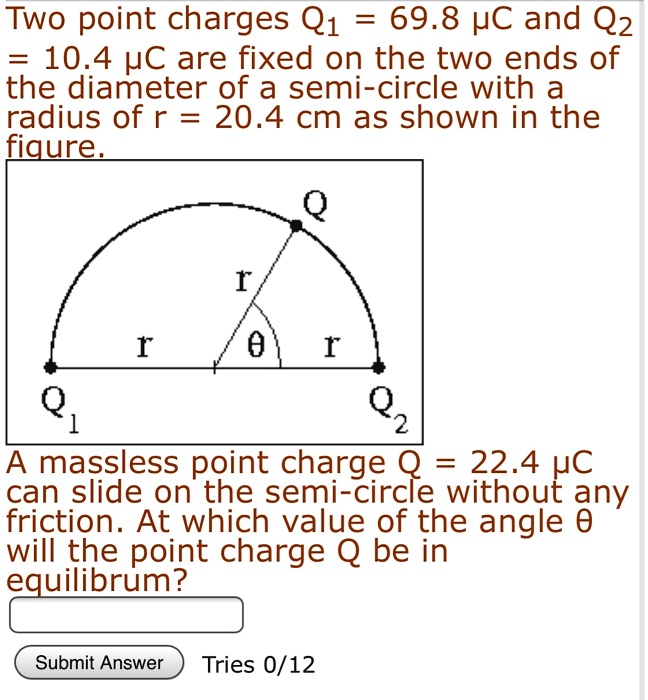 SOLVED: Two point charges Q1 69.8 pC and Q2 10.4 HC are fixed on the two ends of the diameter of ...