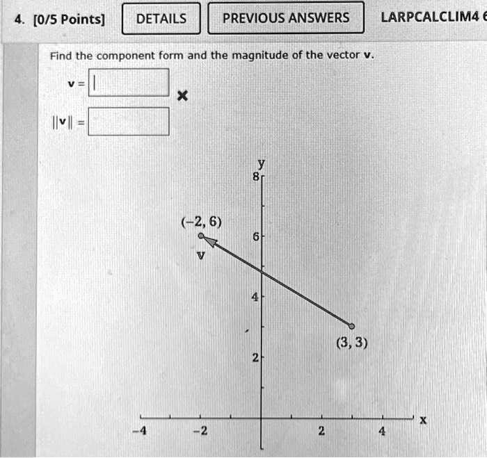 SOLVED: Find the component form and the magnitude of the vector v (-2,6) (8,3)