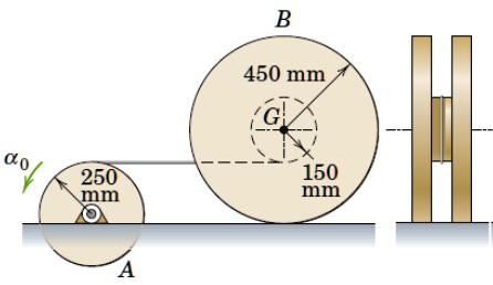 SOLVED: The drum A is given a constant angular acceleration α0 of 3 rad/s2 and causes the 70-kg ...