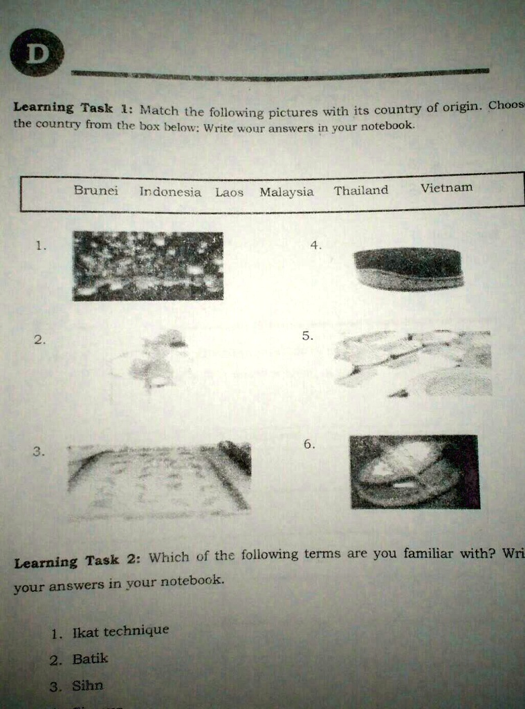 SOLVED: Learning Task 1: Match the following pictures with their country of origin. Choose the ...