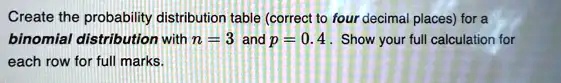 SOLVED: Create the probability distribution table (correct to four decimal places) for binomial ...