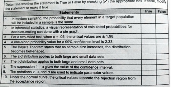 SOLVED:the statement is True or False by checking the approprate DOX ...