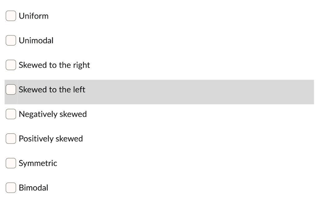 SOLVED: Uniform Unimodal Skewed to the right Skewed to the left ...