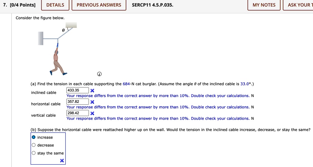 consider the figure below i a find the tension in each cable supporting the 684 n cat burglar ...