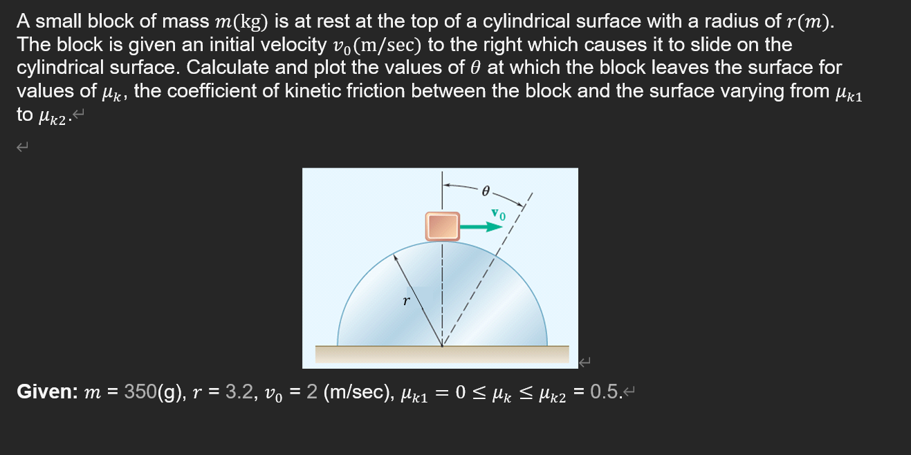 A small block of mass m( kg) is at rest at the top of a cylindrical surface with a radius of r(m ...