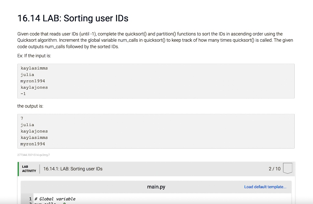 Solved 1614 Lab Sorting User Ids Given Code That Reads User Ids Until 1 Complete The