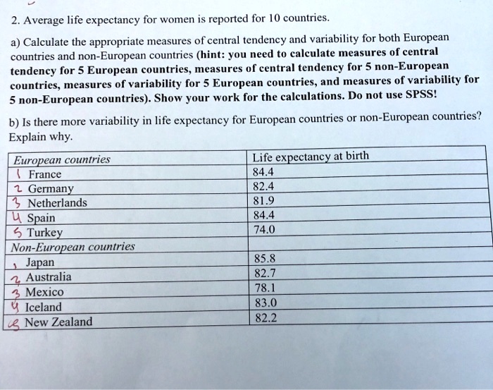 SOLVED: 2. Average life expectancy for women is reported for [0 countries. a) Calculate the ...