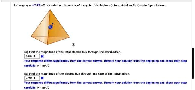 A charge q = +7.75 µC is located at the center of a regular tetrahedron ...