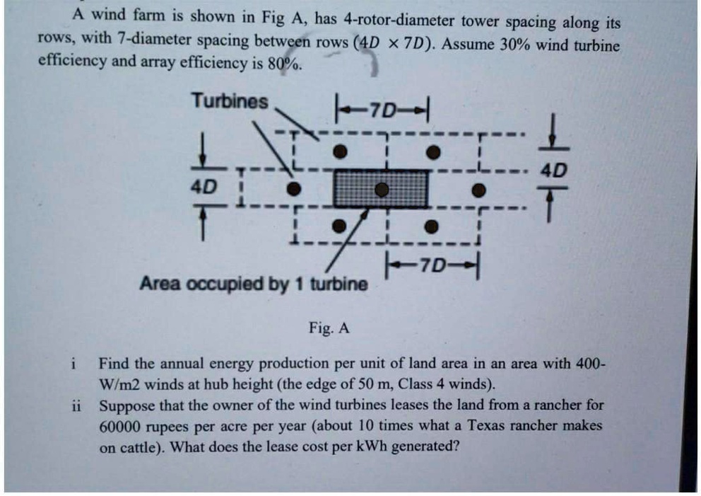 SOLVED: A wind farm is shown in Fig A, with 4-rotor-diameter tower spacing along its rows, with ...