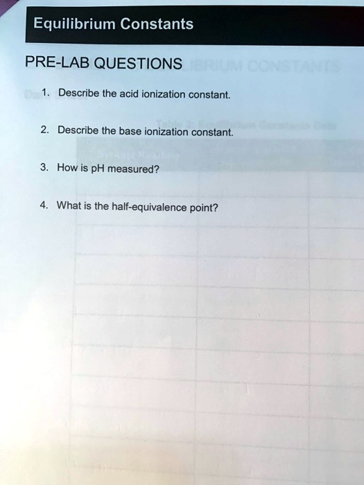 SOLVED: Equilibrium Constants PRE-LAB QUESTIONS Describe the acid ... SOLVED: Equilibrium Constants PRE-LAB QUESTIONS Describe the acid ...