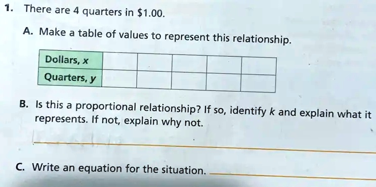 1. There are 4 quarters in 1.00. A. Make a table of values to represent ...