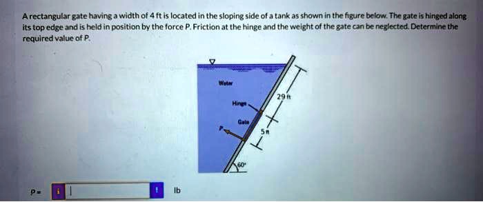A rectangular gate having a width of 4 ft is located on the sloping side of a tank as shown in ...