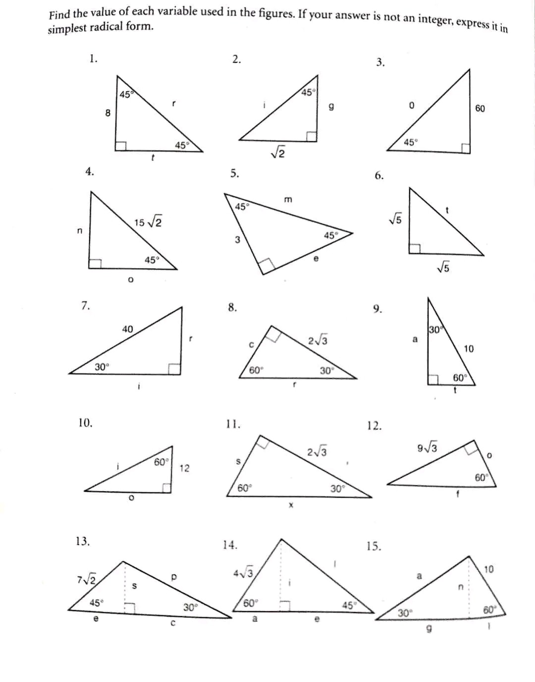SOLVED: Find the value of each variable used in the figures. If your answer is not an integer ...
