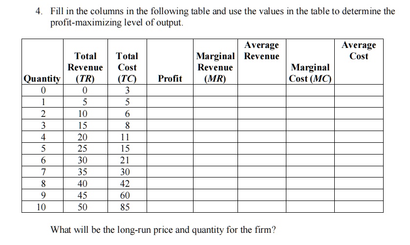 4. Fill in the columns in the following table and use the values in the table to determine the ...