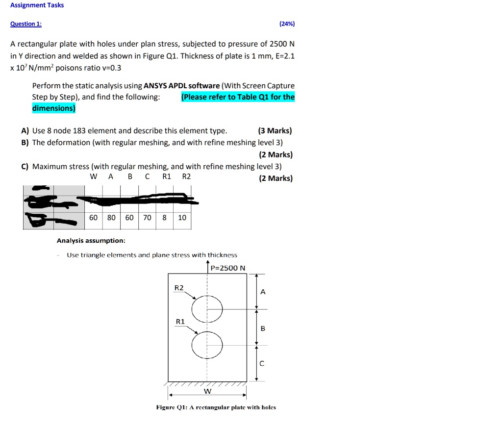 SOLVED: A rectangular plate with holes under plane stress, subjected to a pressure of 2500 N in ...