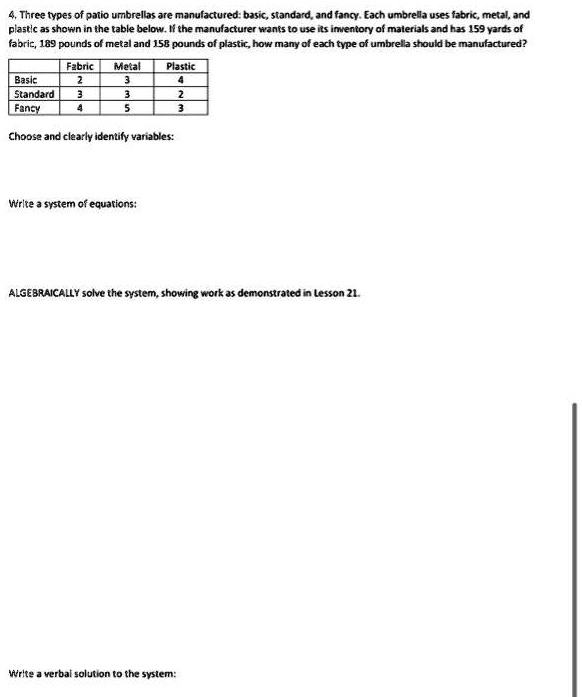 SOLVED: Three types of patio umbrellas are manufactured: basic ...