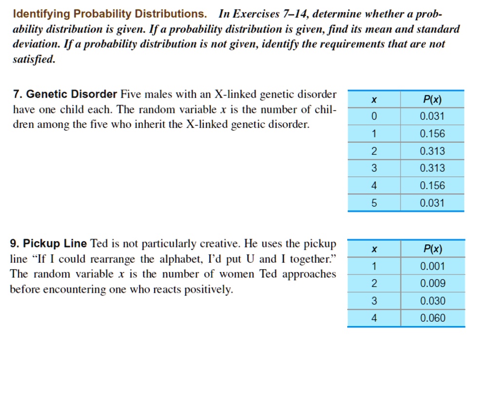 Identifying Probability Distributions. In Exercises 7-14, determine whether a probability ...