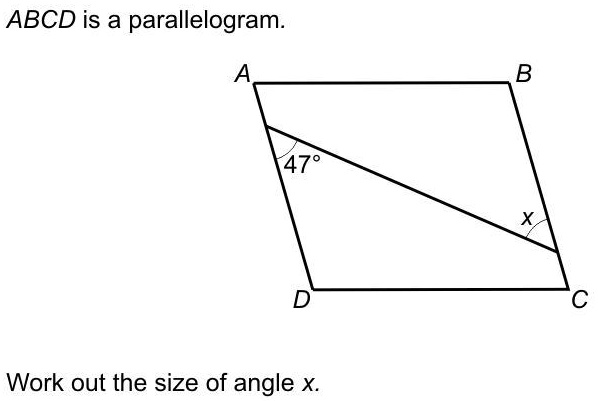 SOLVED: 'ABCD is a parallelogram. Work out the size of angle x ABCD is a parallelogram 47 Work ...