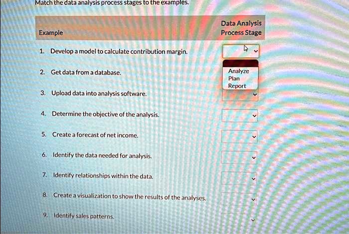 Match the data analysis process stages to the examples. Example 1 ...