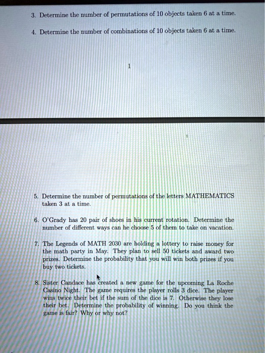 SOLVED: Determine the number of permnutations of 10 objects taken time: Determine the number of ...
