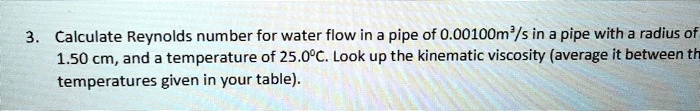 SOLVED: Calculate Reynolds number for water flow in a pipe of 0.001 m/s ...
