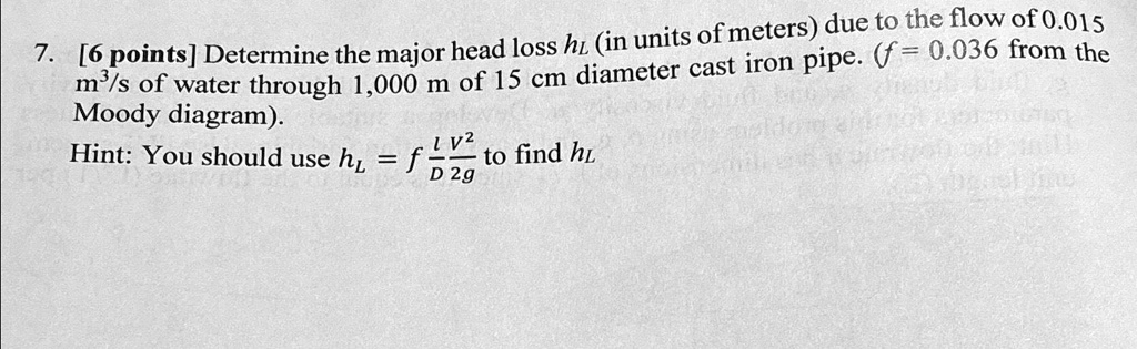 7. [6 points] Determine the major head loss hL (in units of meters) due ...
