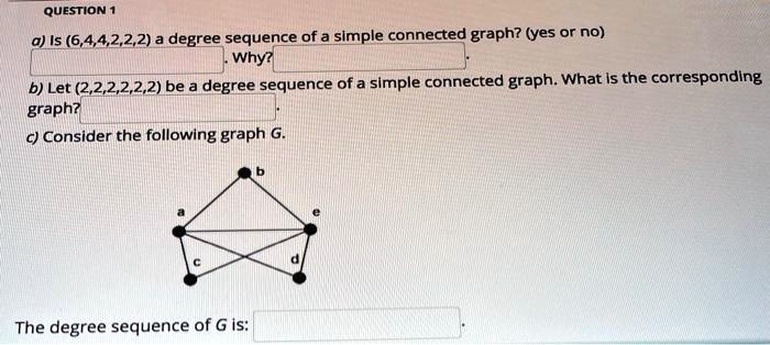 SOLVED: QUESTION 1 @) Is (6,4,4,2,2,2)a degree sequence of a simple ... SOLVED: QUESTION 1 @) Is (6,4,4,2,2,2)a degree sequence of a simple ...