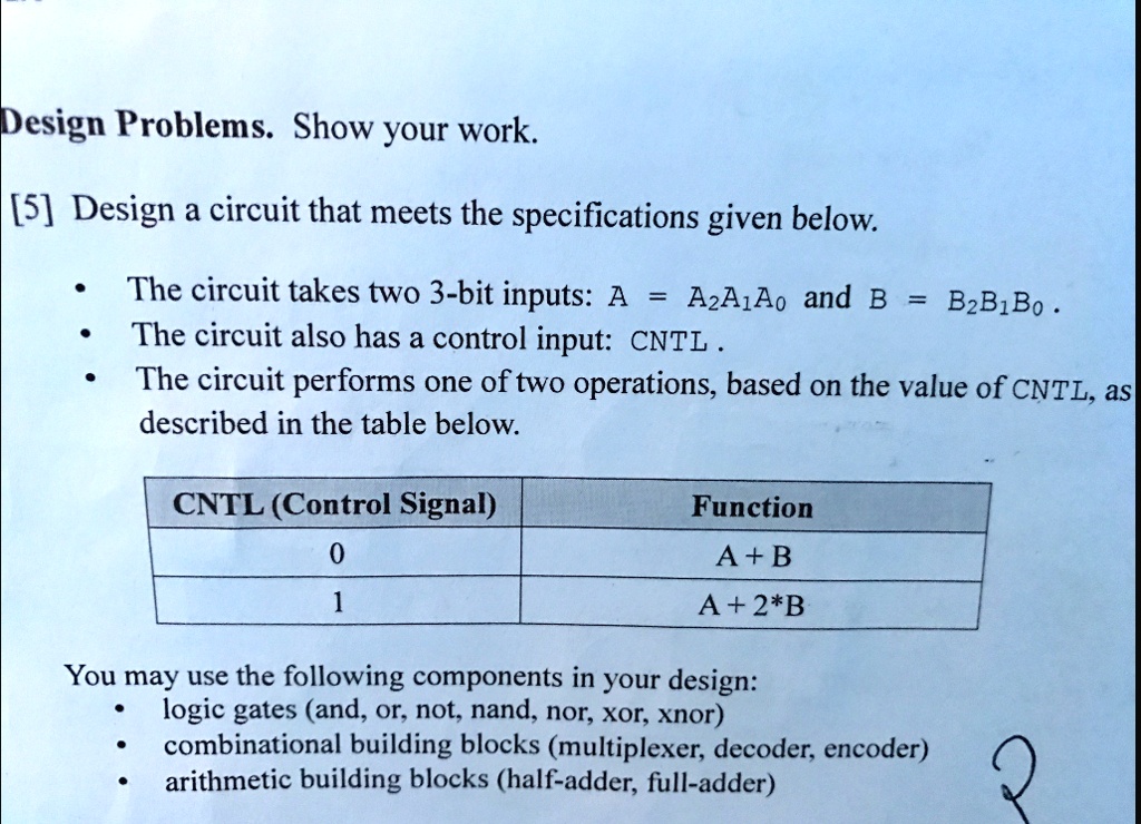 SOLVED: Design Problems. Show your work. [5] Design a circuit that meets the specifications ...