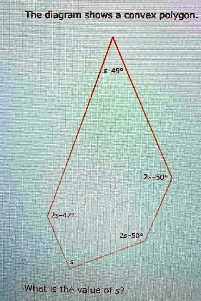 The diagram shows a convex polygon. s-49° 2s-47° 2s-50° S What is the value of s? 2s-50°