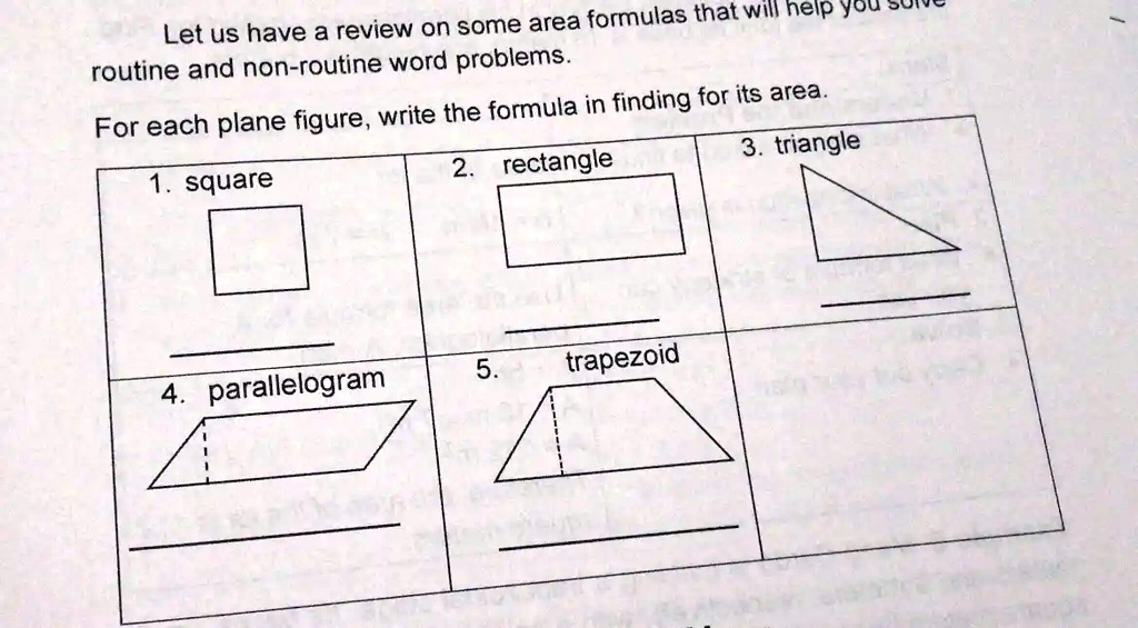SOLVED: Let us have a review on some area formulas that will help you solve routine and non ...
