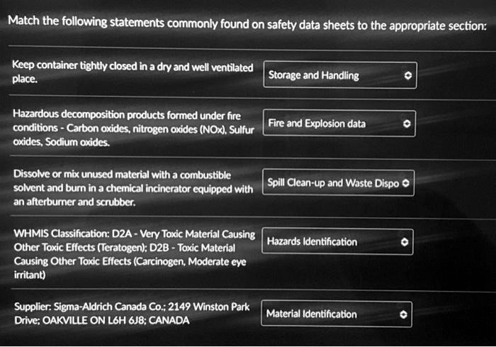 Match the following statements commonly found on safety data sheets to ...