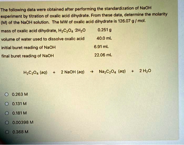 The following data were obtained after performing the standardization of NaOH experiment by ...