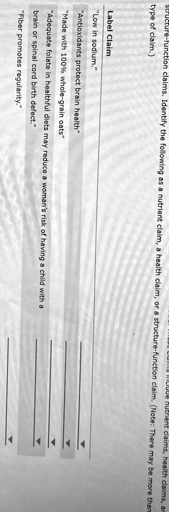 SOLVED: structure-function claims. Identify the following as a nutrient ...