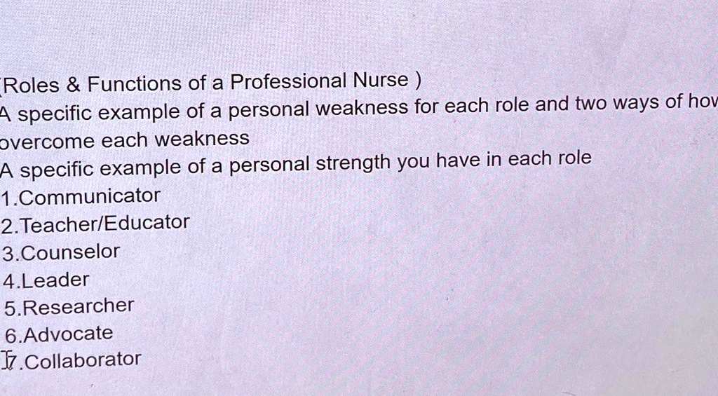 Roles Functions of a Professional Nurse) A specific example of a ...