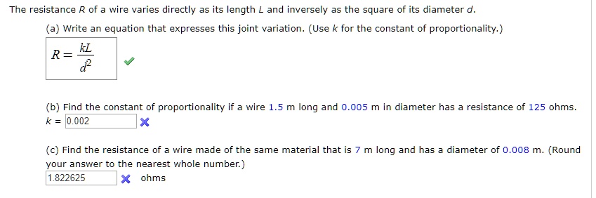 the resistance r of wire varies directly as its length and inversely as the square of its ...