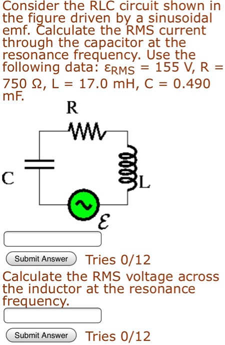 Consider the RLC circuit shown in the figure driven by a sinusoidal emf. Calculate the RMS ...