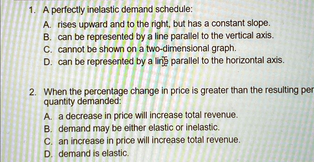 SOLVED: A perfectly inelastic demand schedule: A. rises upward and to ...