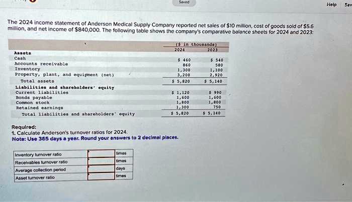 Saved The 2024 income statement of Anderson Medical Supply Company reported net sales of 10 ...