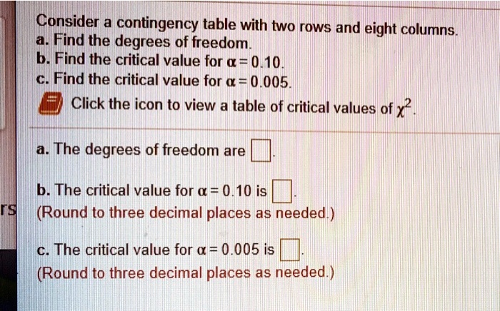 consider a contingency table with two rows and eight columns find the degrees of freedom b find ...