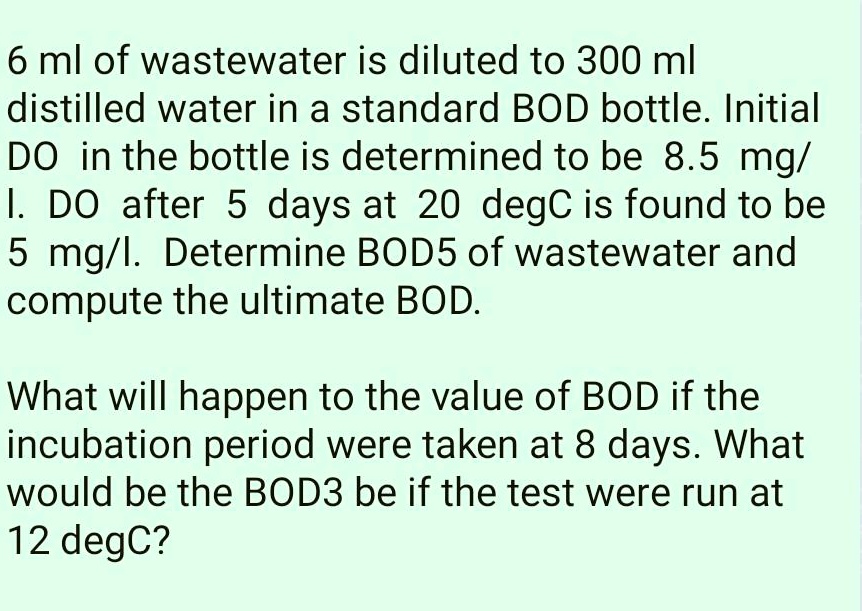6 ml of wastewater is diluted to 300 ml distilled water in a standard ...