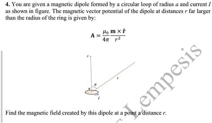 SOLVED: 4. You are given a magnetic dipole formed by a circular loop of radius a and current as ...