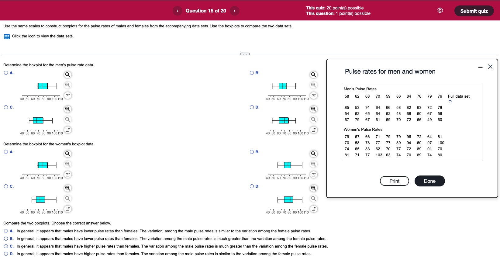 SOLVED: Submit quiz Use the same scales to construct boxplots for the ... SOLVED: Submit quiz Use the same scales to construct boxplots for the ...