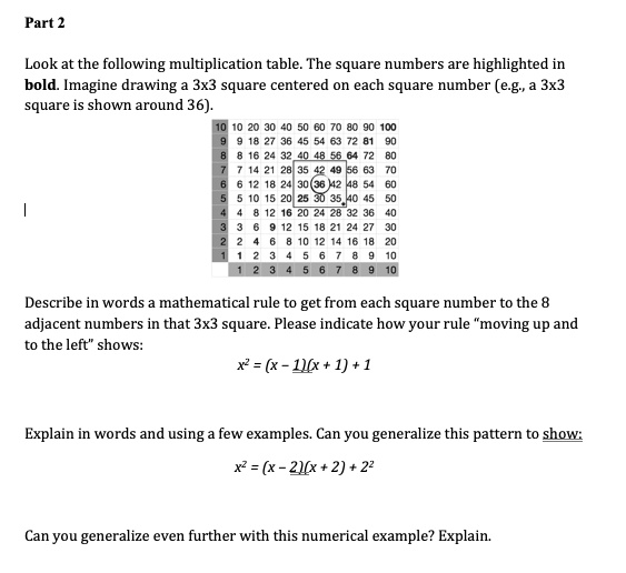 SOLVED: Part 2 Look at the following multiplication table The square numbers are highlighted in ...