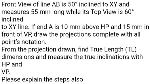SOLVED: Front View of line AB is inclined to XY and measures 55 mm long ...