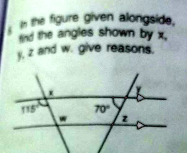 SOLVED: 'in the figure given alongside find the angles shown by x, y, z and w. give reasons.