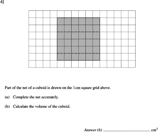 4] Part of the net of a cuboid is drawn on the 1 cm square grid above. (a) Complete the net ...