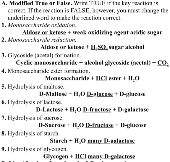 modified true or false write true if the key reaction is correct if the reaction is false ...